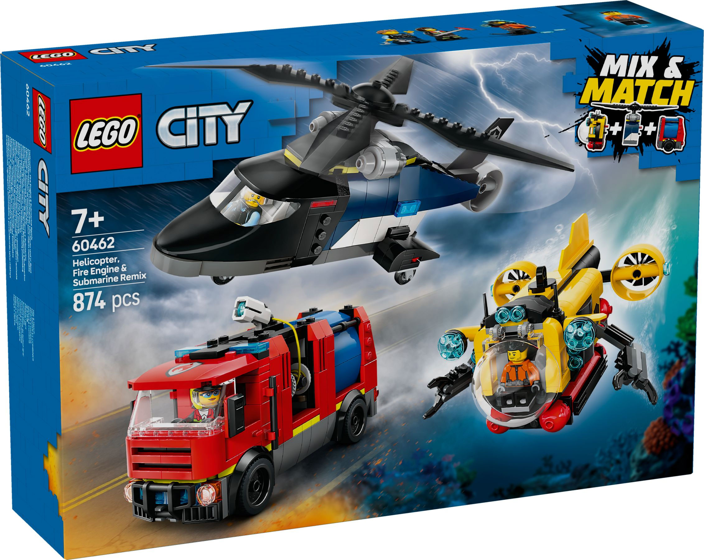LEGO City 60462 pas cher, Hélicoptère, camion de pompiers et sous-marin modulable